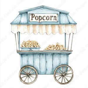 20 Popcorn Cart Clip Art, Watercolor Popcorn Stand Printable Images ...