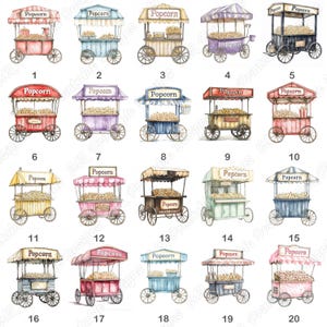 20 Popcorn Cart Clip Art, Watercolor Popcorn Stand Printable Images ...