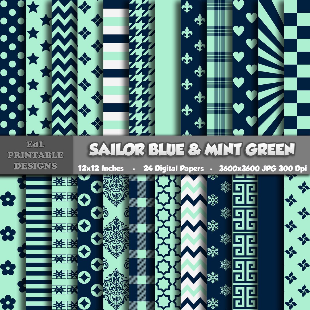 Sailor Blue and Mint Green Digital Paper, Scrapbook Background ...
