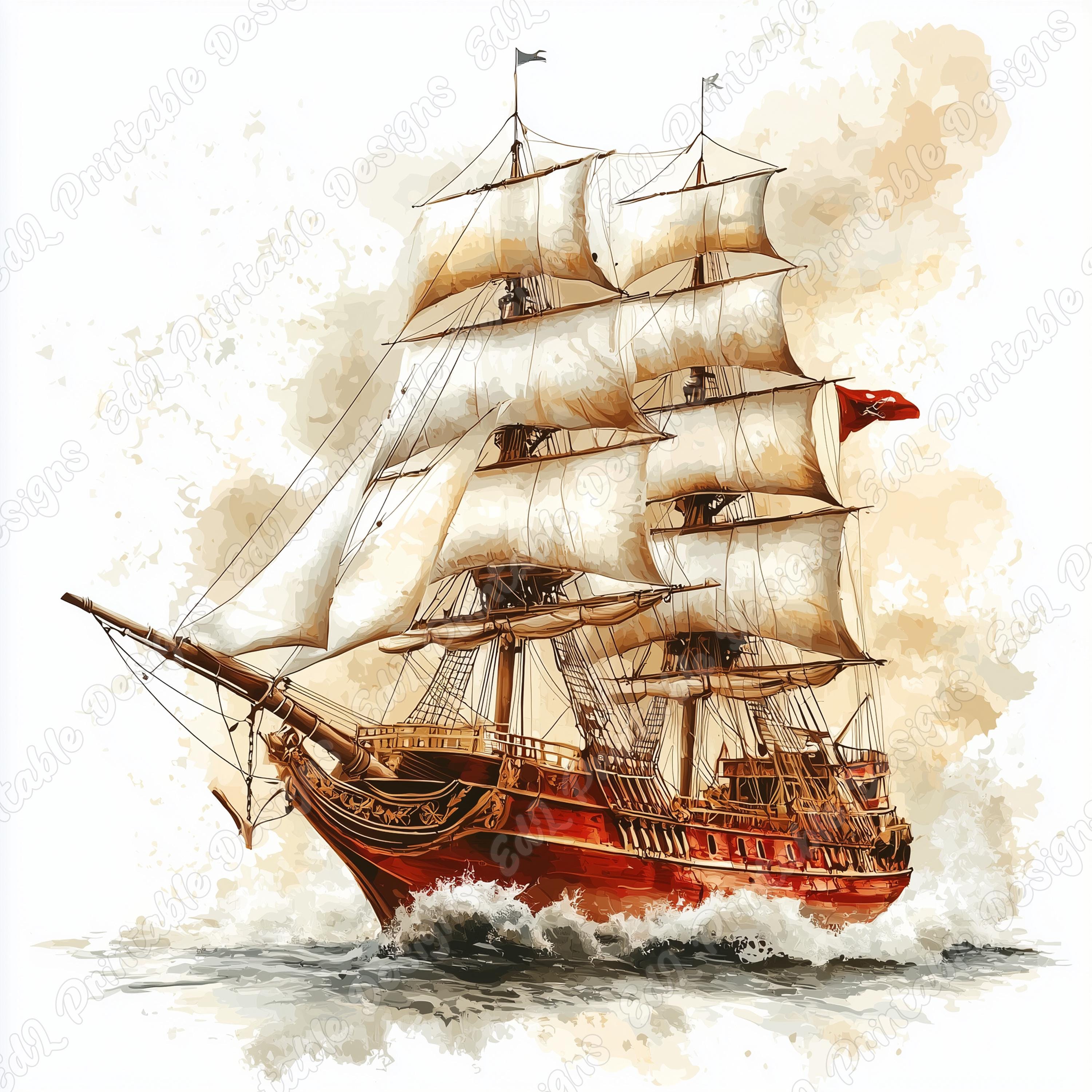Watercolor Sailing Ship Clip Art, Vintage Pirate Ship Images (JPG Set ...