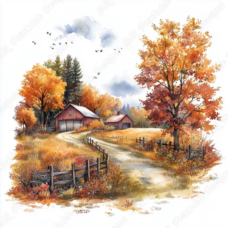 Autumn Landscape Clip Art, Cozy Fall Scenery, Watercolor Nature (JPG ...