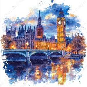 London City Watercolor Clipart, UK Landmarks JPG Bundle (digital ...