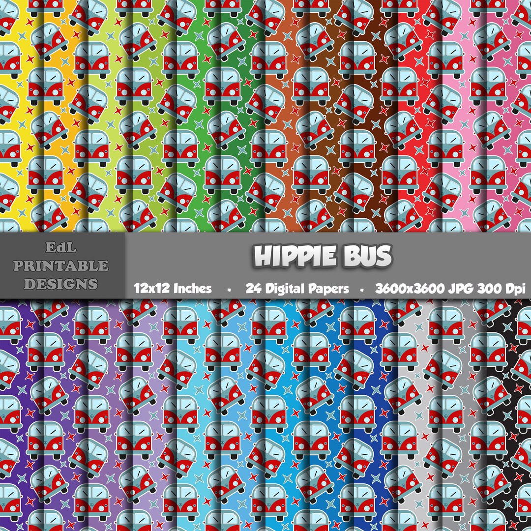 Hippie Bus Digital Paper, Retro VW Van Printable Background, 1970s ...