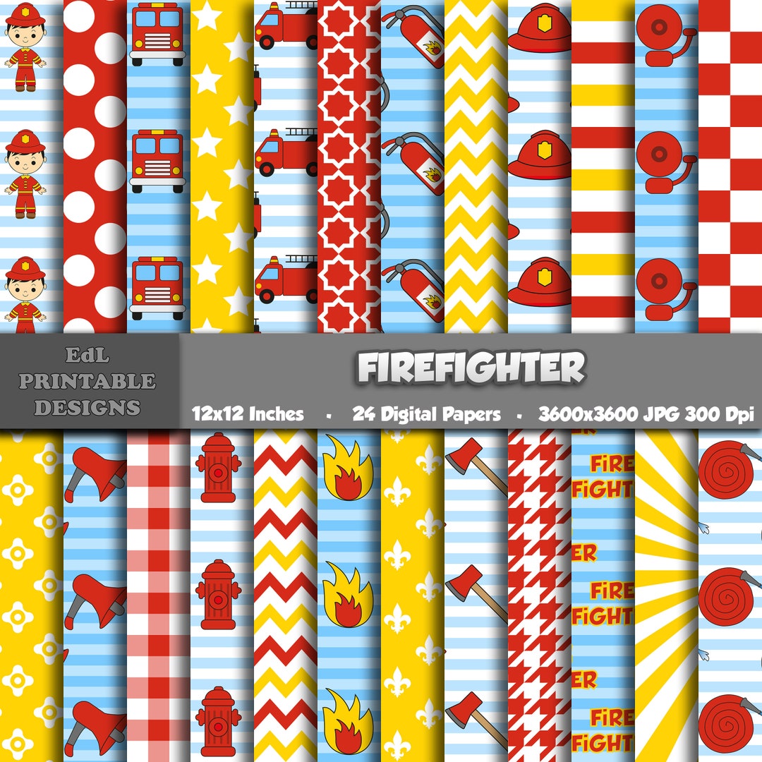 Firefighter Digital Paper, Fire Truck Printable Background, Fire Man ...