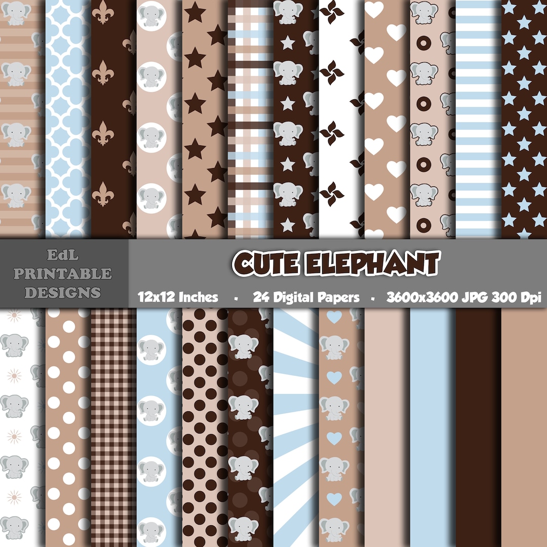 Cute Elephant Digital Paper Pack, Brown and Blue Printable Background ...