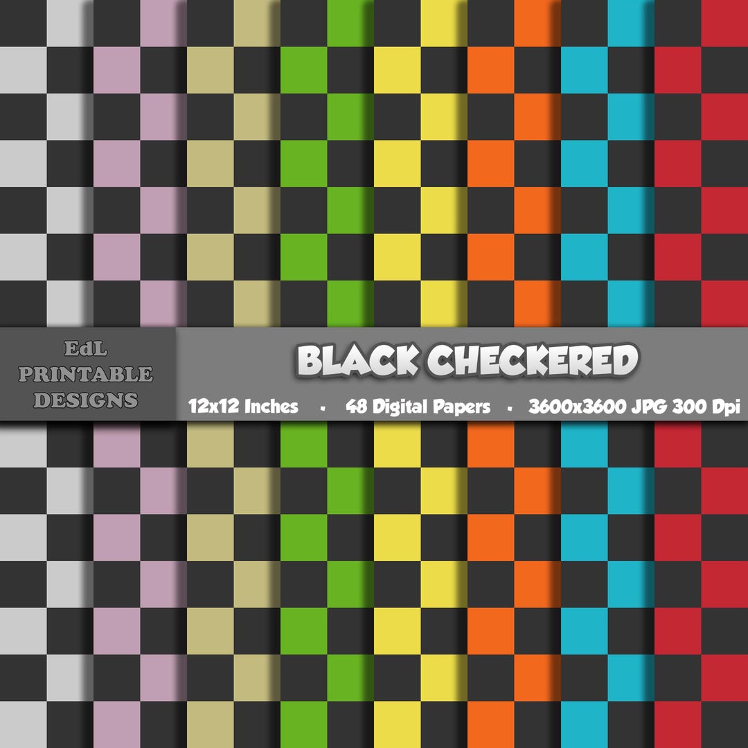Black Checkered Digital Paper, Rainbow Checkerboard (seamless, 12x12 ...