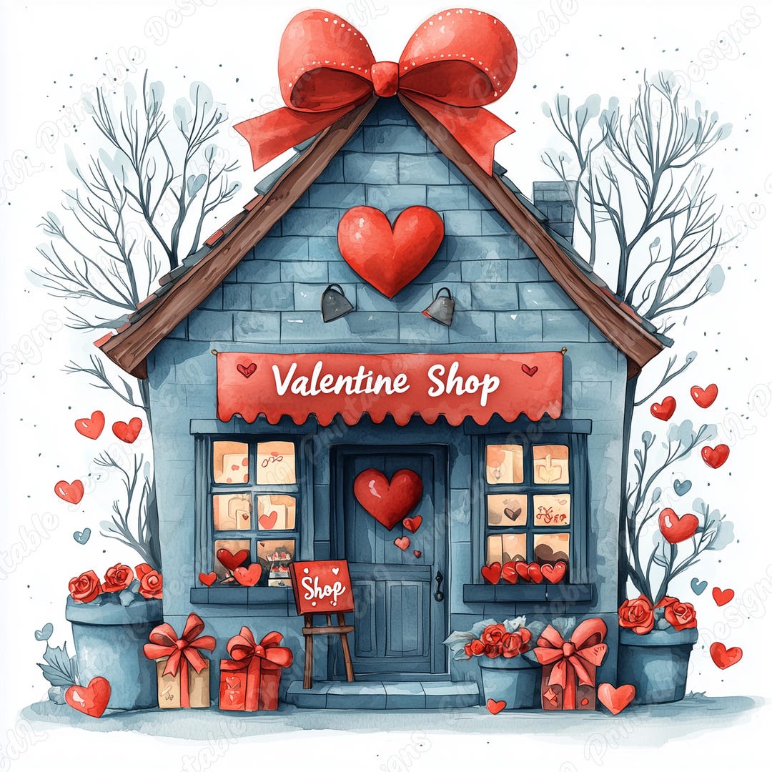Valentine's Day Shop Clipart, Watercolor Storefront Images (JPG Digital ...