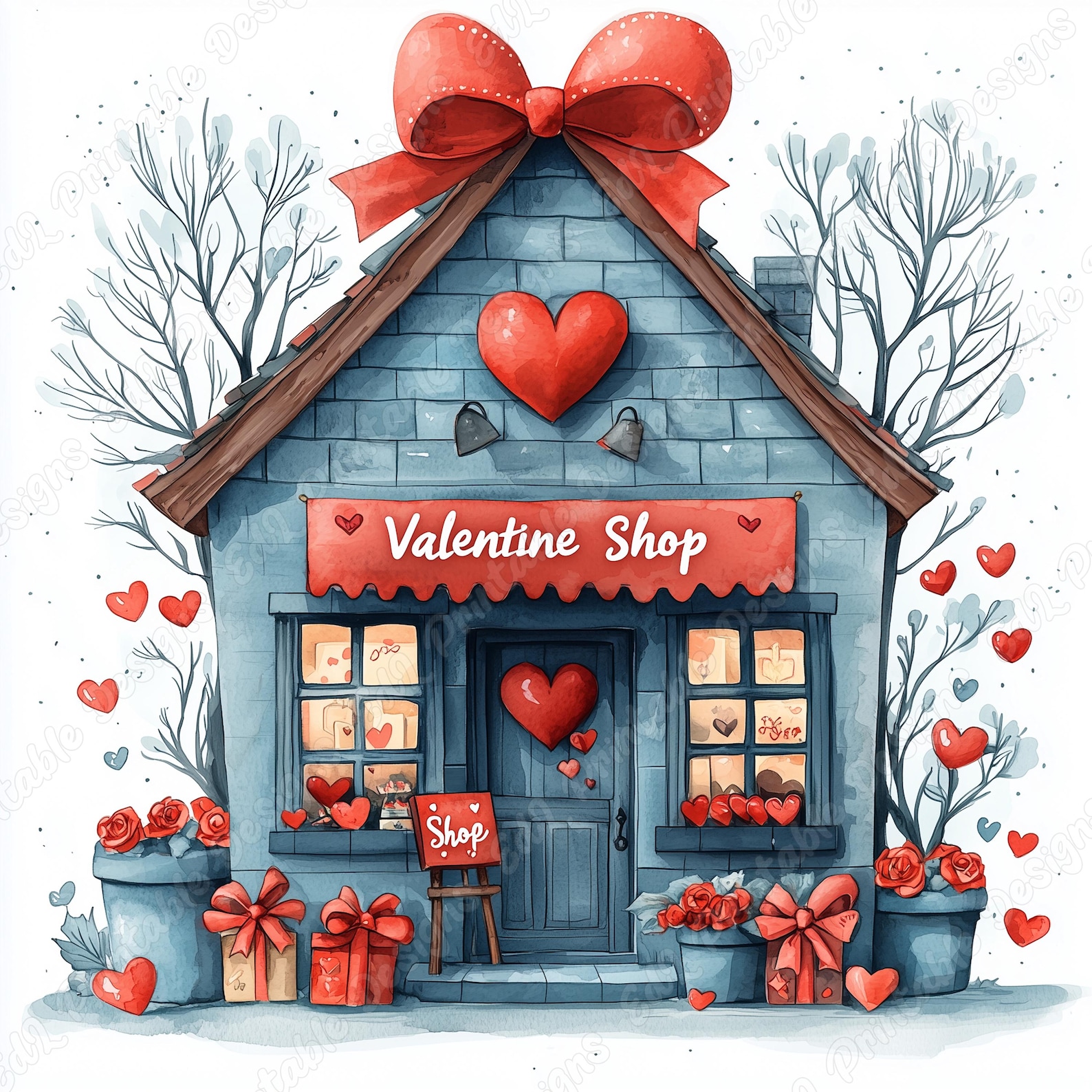 Valentine's Day Shop Clipart, Watercolor Storefront Images (JPG Digital ...