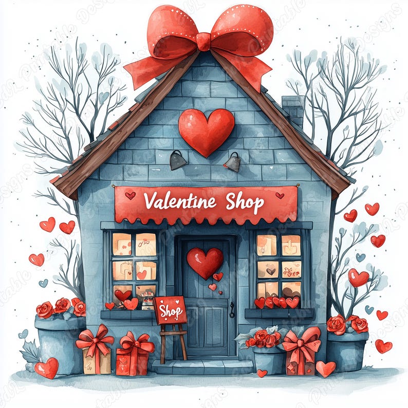 Valentine's Day Shop Clipart, Watercolor Storefront Images (JPG Digital ...