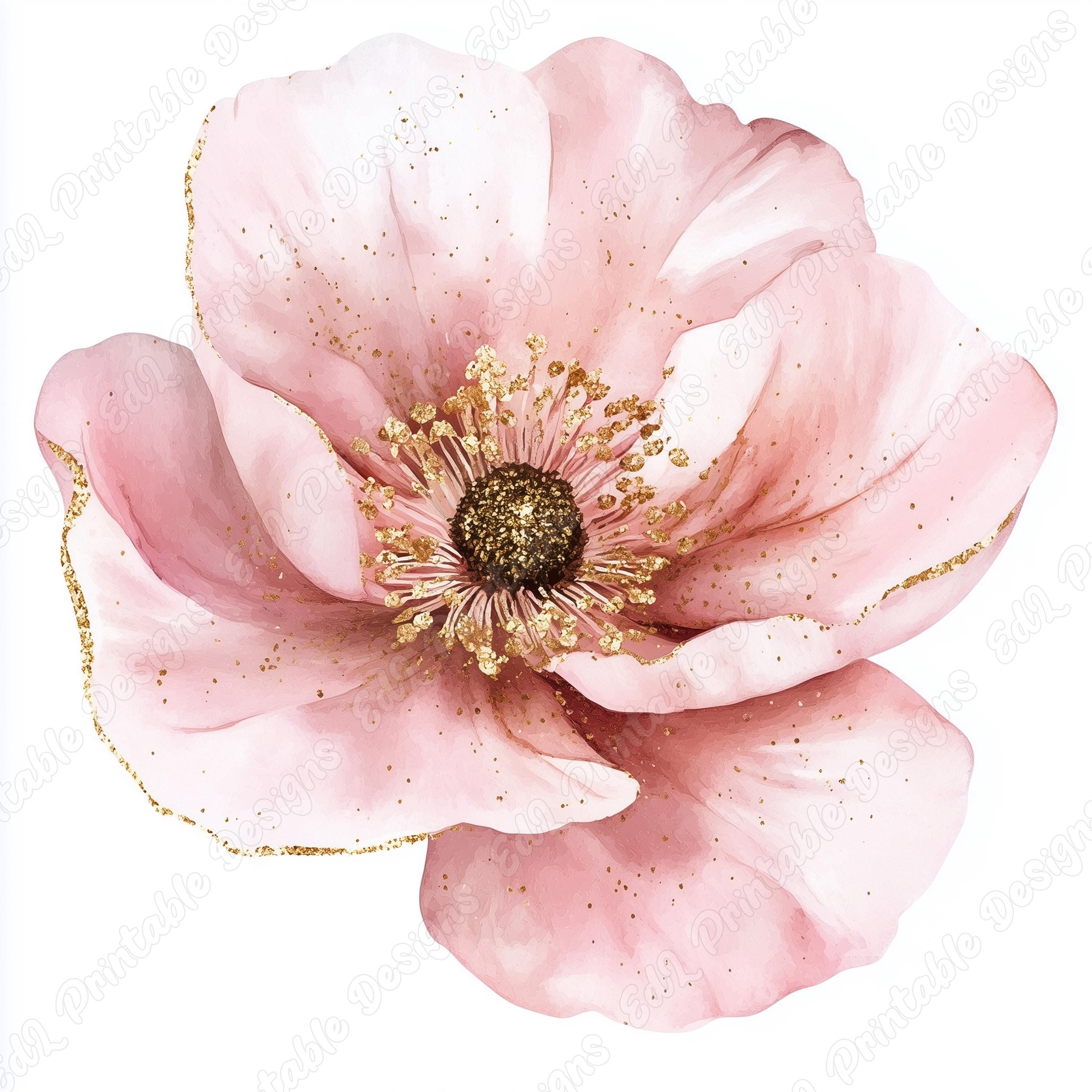 Pink Gold Glitter Flower Clip Art, Floral Graphics (digital Download ...