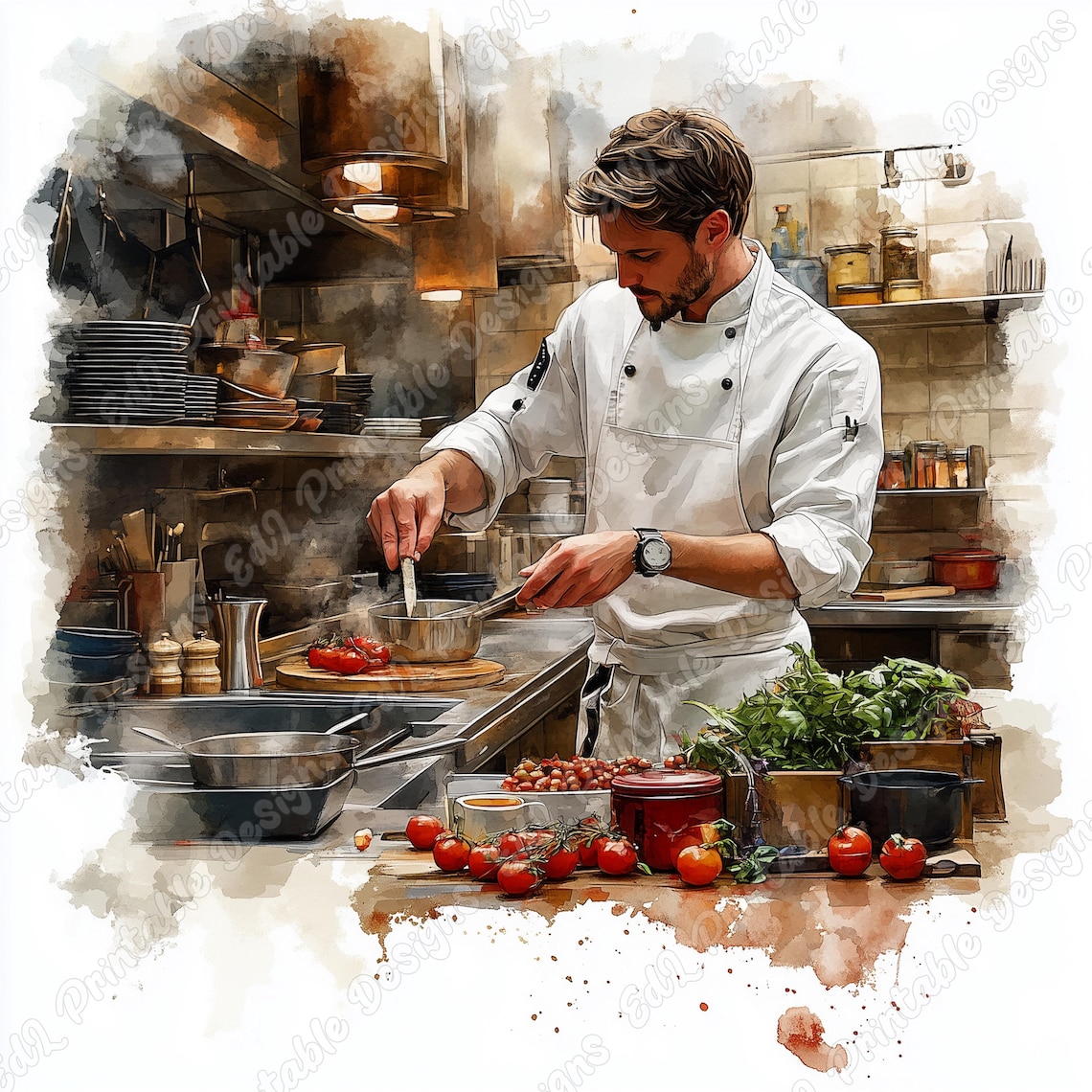 Watercolor Chef Clipart, Kitchen Cooking, Food Scrapbook Paper (JPG ...