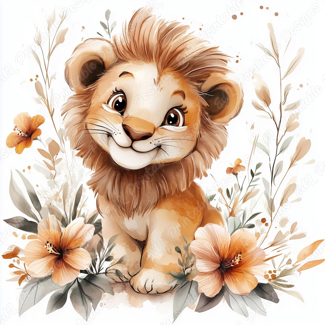 Watercolor Lion Clip Art Set, Baby Animal Flowers (JPG Digital Download ...