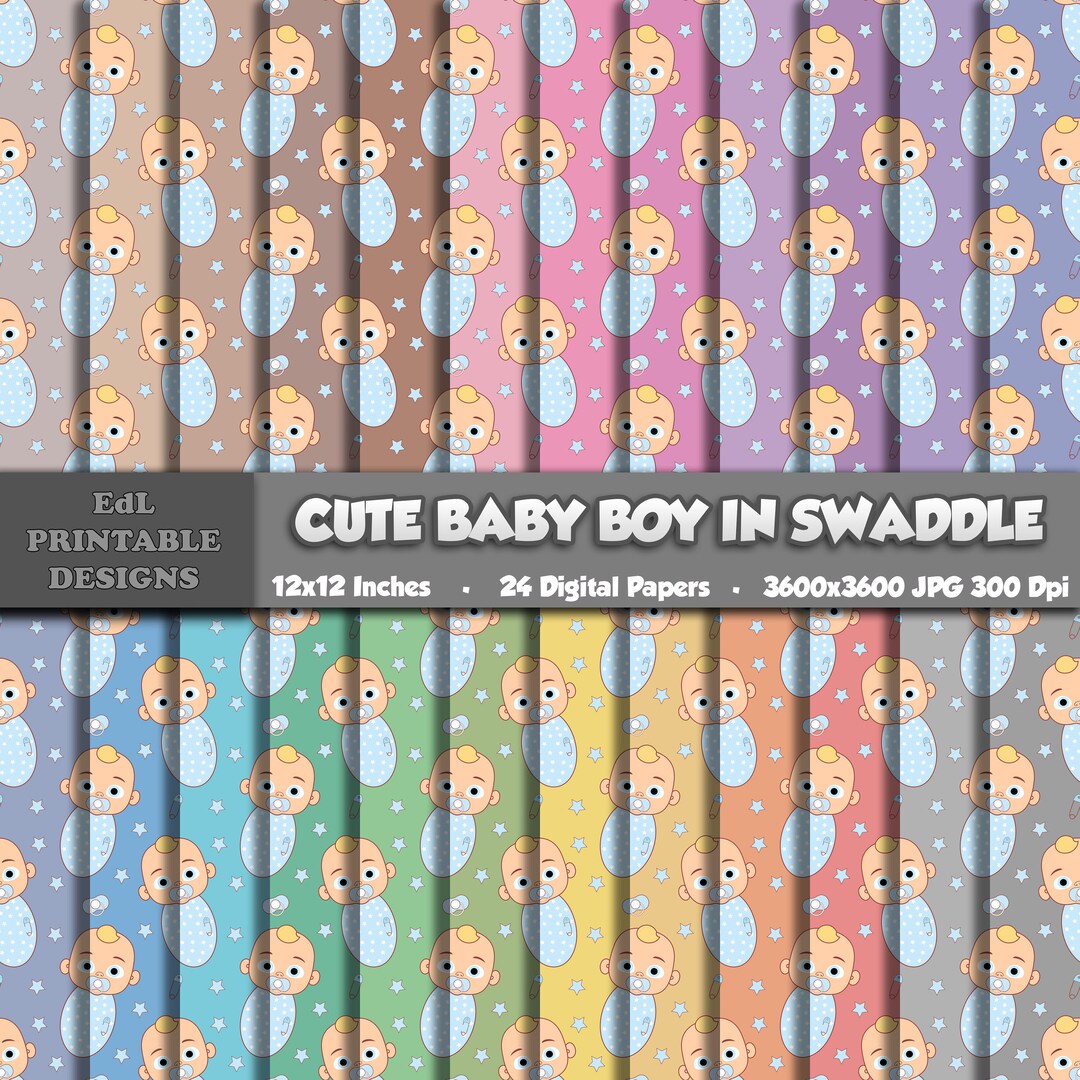Cute Baby Boy in Swaddle Digital Papers, Baby Shower Printable ...