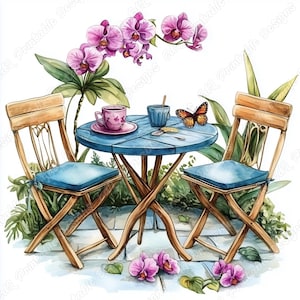 Watercolor Bistro Table and Chairs Clipart, Romantic Cafe Graphics (JPG ...