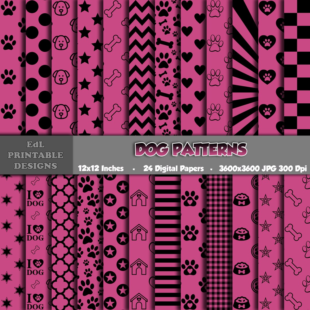 Pink and Black Dog Patterns Digital Paper, Animal Prints Background ...