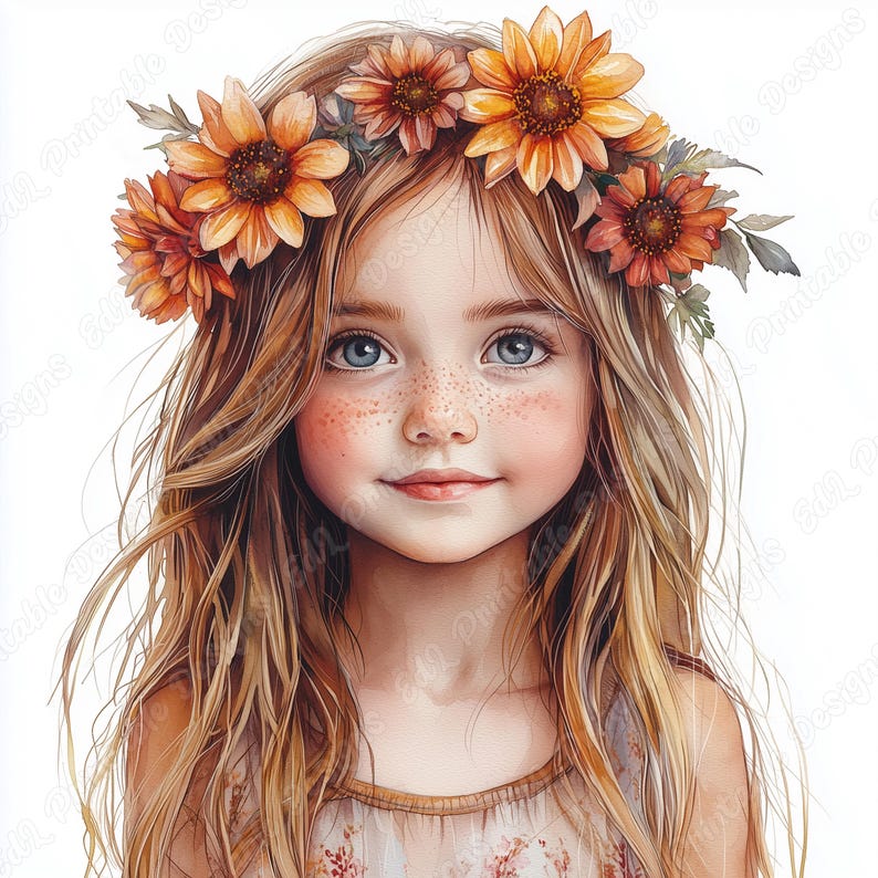 Flower Crown Girl Clipart, Watercolor Floral Wreath Image (digital ...