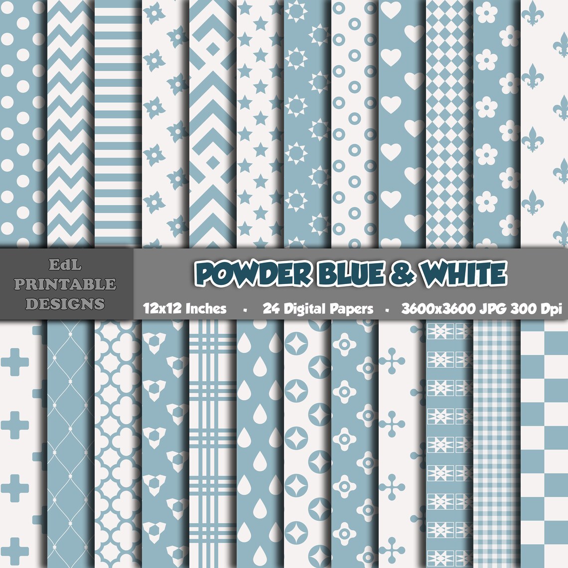 Powder Blue Digital Paper Pack, Baby Shower Scrapbook Backgrounds ...