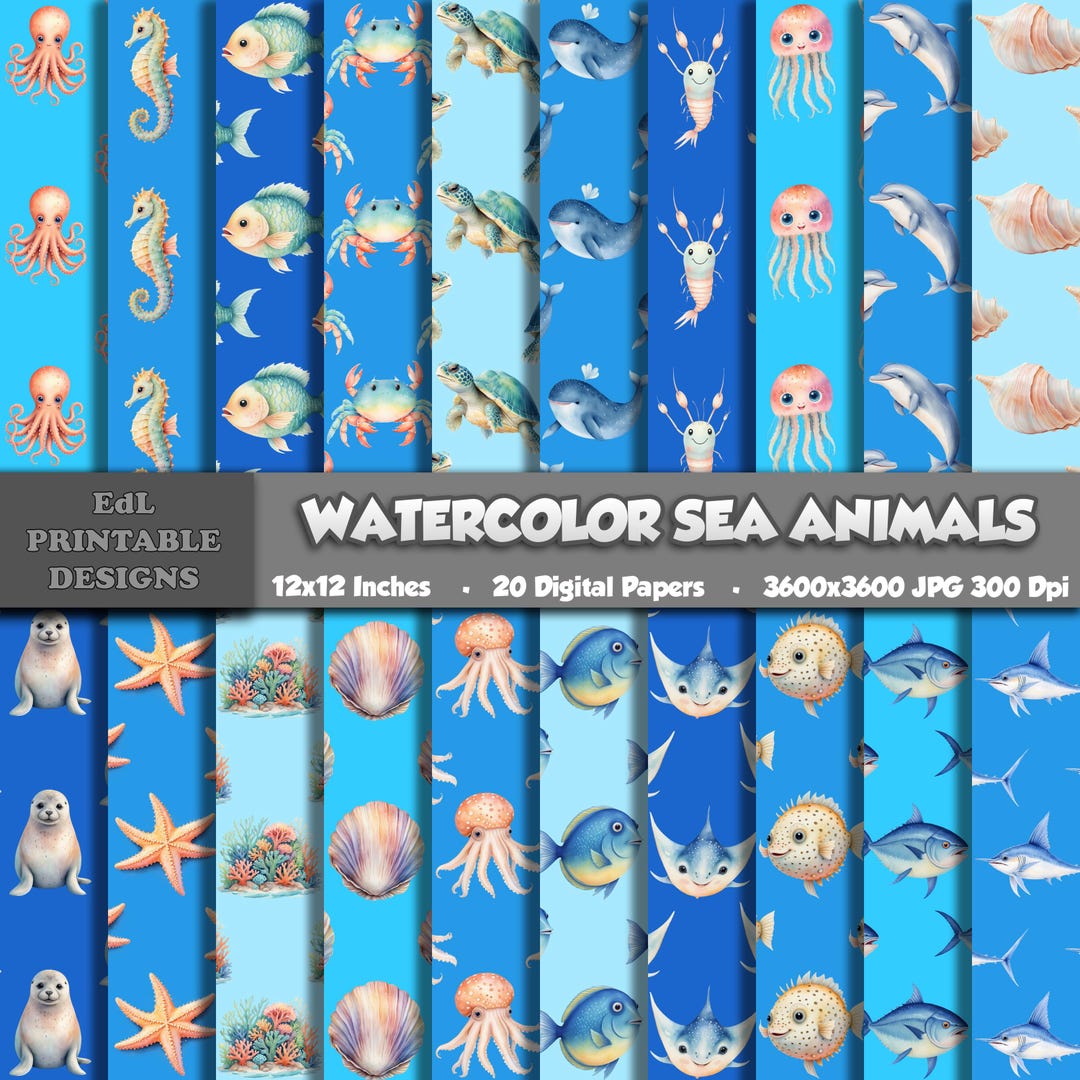Watercolor Sea Animals Digital Paper Pack, Printable Background ...