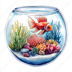 Watercolor Fish Bowl Clipart, Aquarium Illustration (JPG Bundle) - Etsy