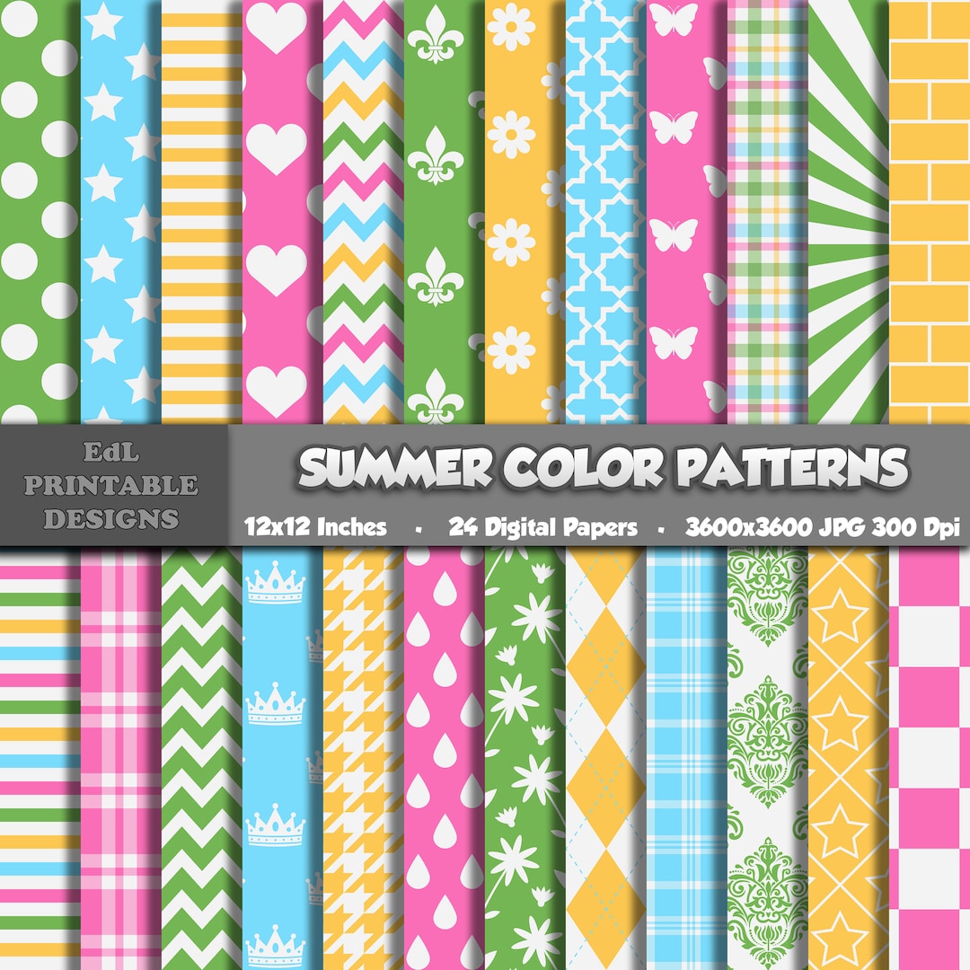 Summer Color Patterns Digital Paper, Seamless Scrapbook Backgrounds ...