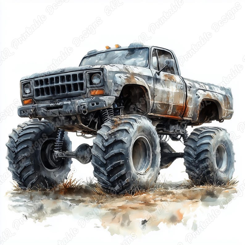 Watercolor Monster Truck Clip Art, off Road Car Printable (JPG Bundle ...