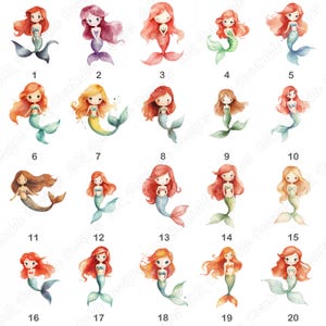 20 Cute Mermaid Clip Art, Watercolor Little Mermaid Printable Images, Magical Mermaid Digital ...
