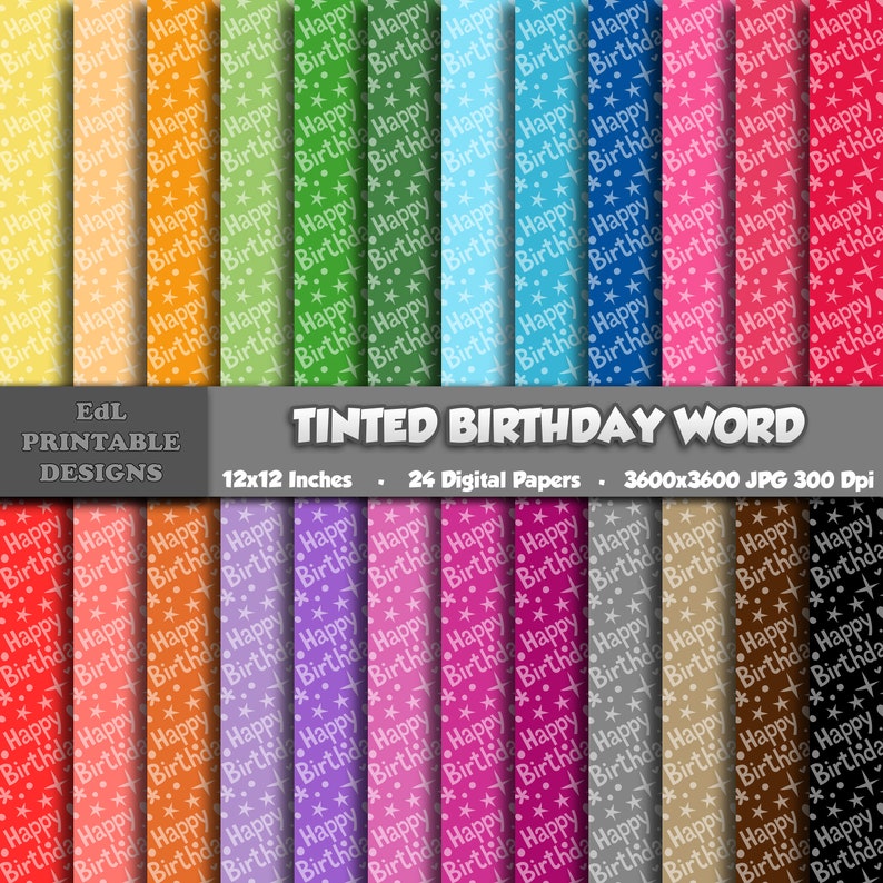 Rainbow Birthday Word Digital Paper, Party Scrapbook Backgrounds ...