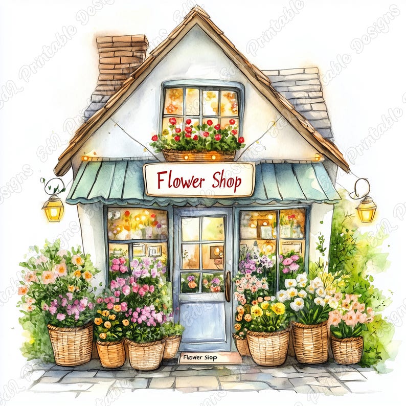Watercolor Flower Shop Clipart, Vintage Storefront Art (JPG Digital ...