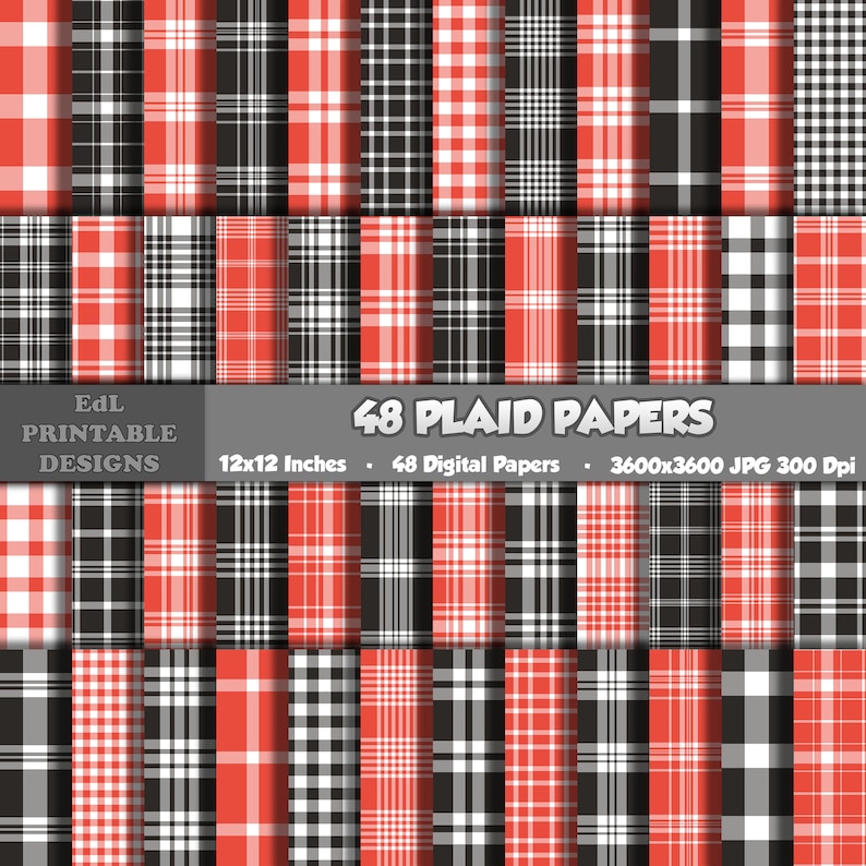 Black and Red Color Plaid Digital Paper, Tartan Printable Background ...