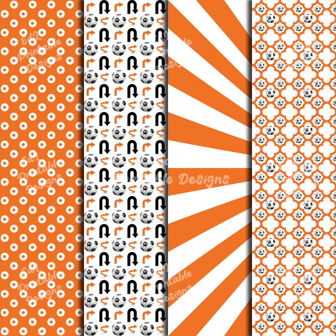 Soccer Digital Paper, Football Printable Background, Orange Soccer Ball ...