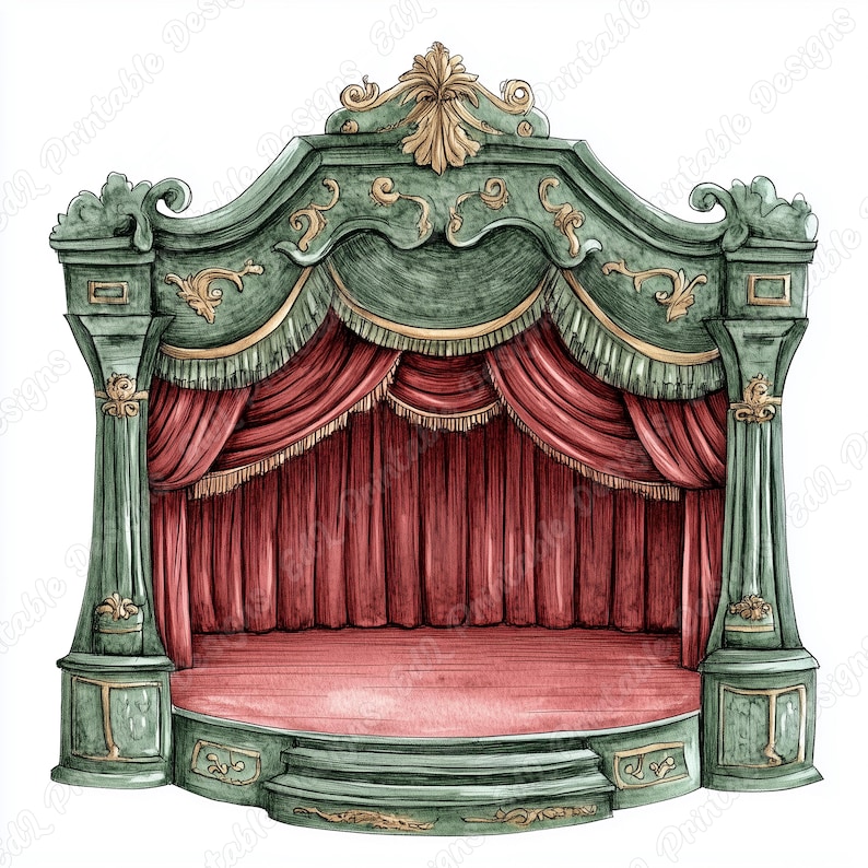 Watercolor Theater Stage Clip Art, Vintage Printable Images (JPG Set ...