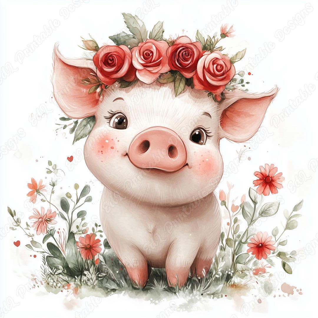 20 Cute Pig With Flowers Clip Art, Watercolor Baby Piglets Printable ...