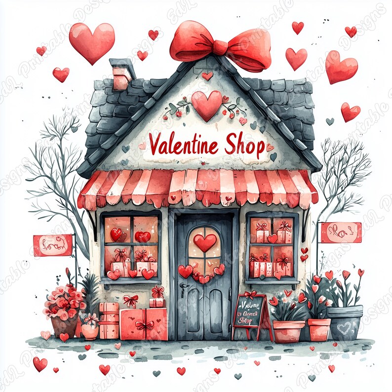 Valentine's Day Shop Clipart, Watercolor Storefront Images (JPG Digital ...