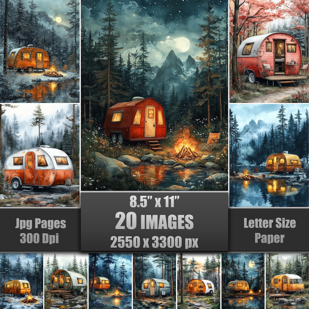 Caravan Camp Scene Junk Journal, Cozy Camping Papers, Forest Landscape ...