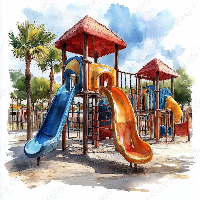 Watercolor Playground Clip Art, School Park Graphics (JPG Set, Digital ...