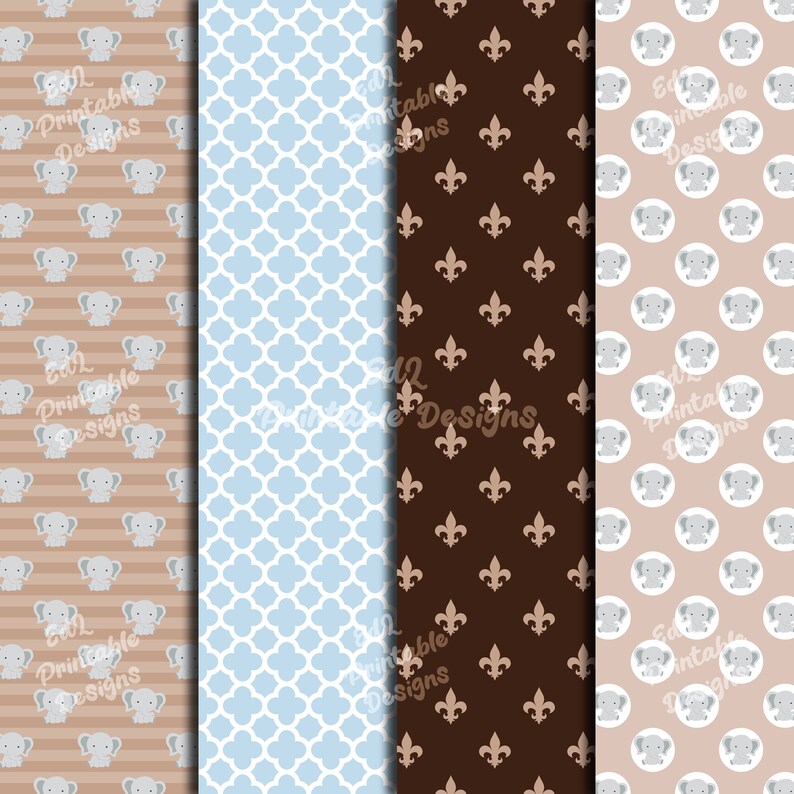 Cute Elephant Digital Paper Pack Brown and Blue Printable - Etsy