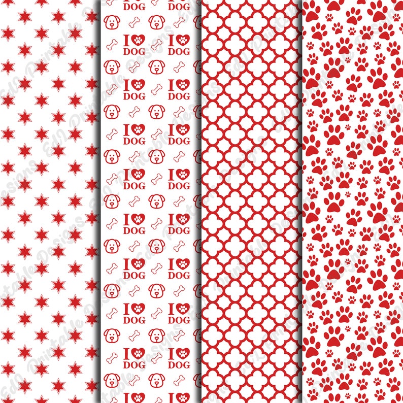 White and Red Dog Patterns Digital Paper, Animal Prints Background ...