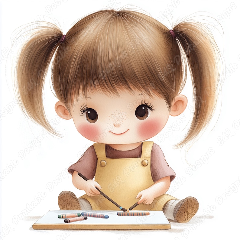 Playful Girl Clip Art: Watercolor Pigtails, Scrapbook Graphics (JPG Set ...
