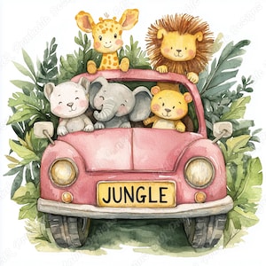 Safari Animals in Jeep Clipart, Jungle Truck Car Image, Nursery Decor ...