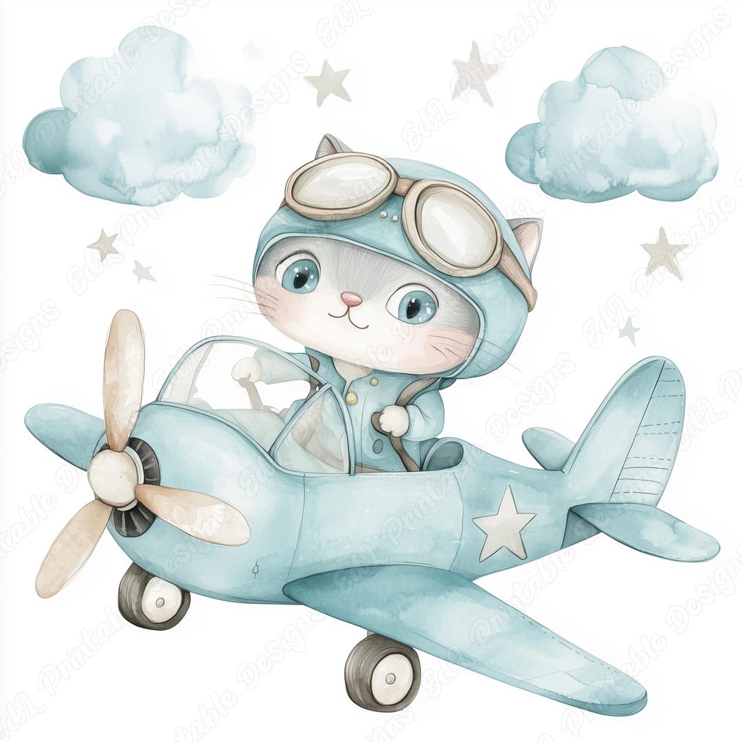 20 Pilot Cat Clip Art, Watercolor Aviator Kitten Cat Printable Images ...