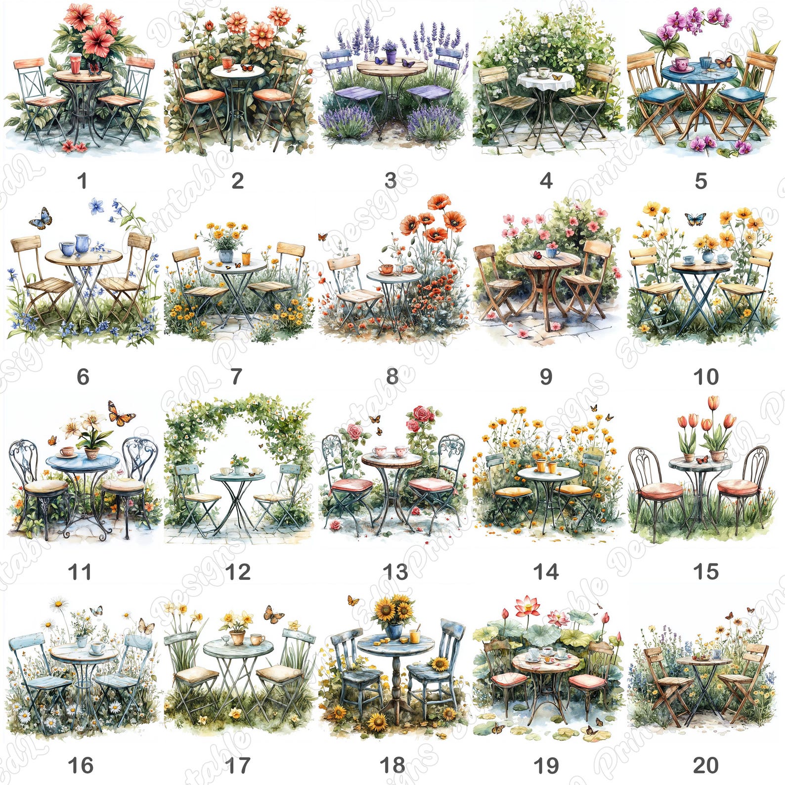 Watercolor Bistro Table and Chairs Clipart, Romantic Cafe Graphics (JPG ...