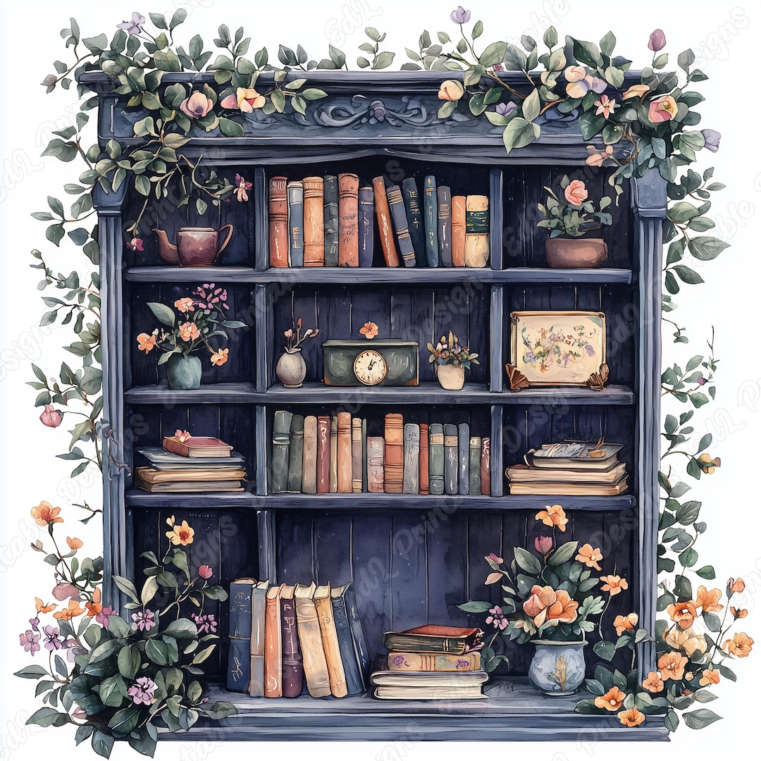 20 Bookshelf With Floral Clip Art, Watercolor Bookcase Printable Images ...
