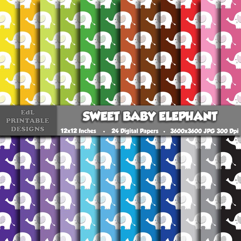 Elephant Digital Paper, Baby Boy and Girl Shower Printable Background ...