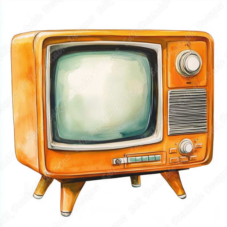Retro TV Clipart, Watercolor Vintage Television JPG Bundle (digital ...