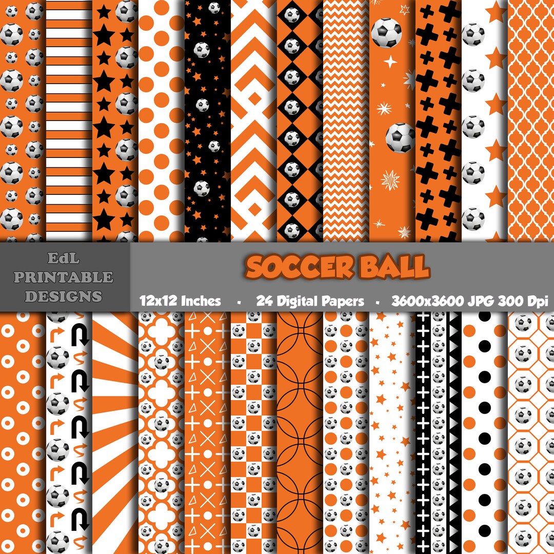 Soccer Digital Paper, Football Printable Background, Orange Soccer Ball ...