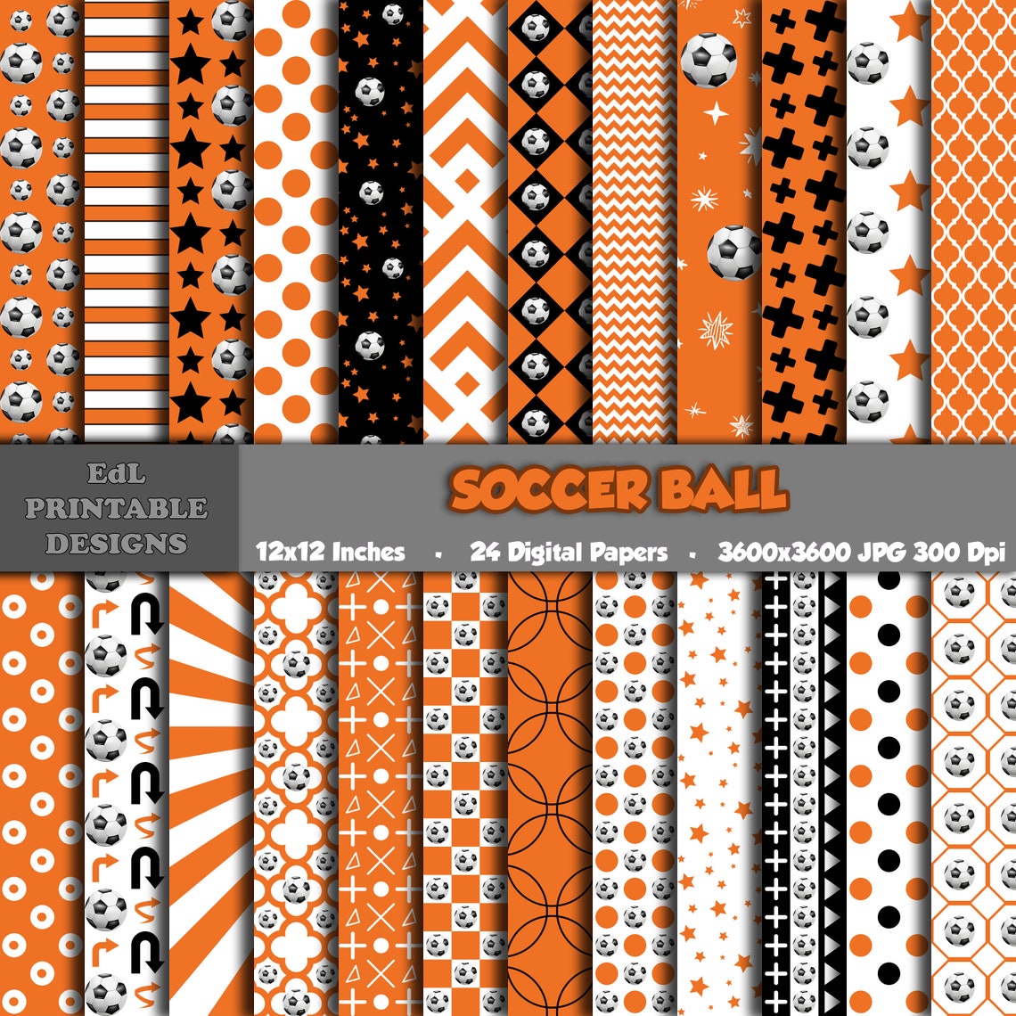 Soccer Digital Paper, Football Printable Background, Orange Soccer Ball ...