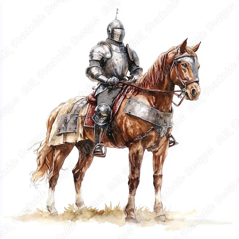 Watercolor Knight Clip Art, Medieval Warrior on Horseback (JPG Digital ...