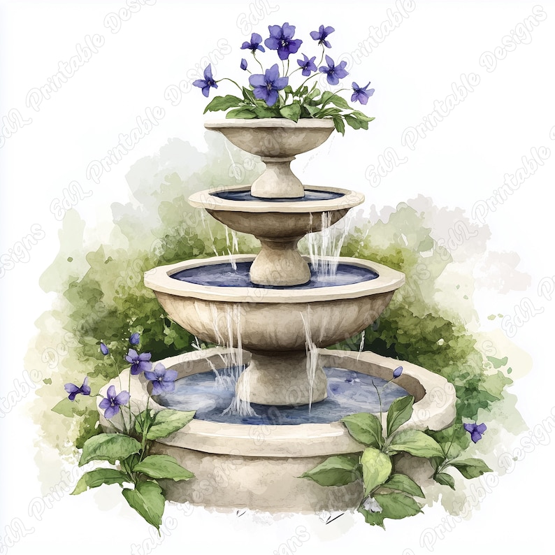 20 Fountain With Flowers Clip Art, Garden Fountain Printable Image ...