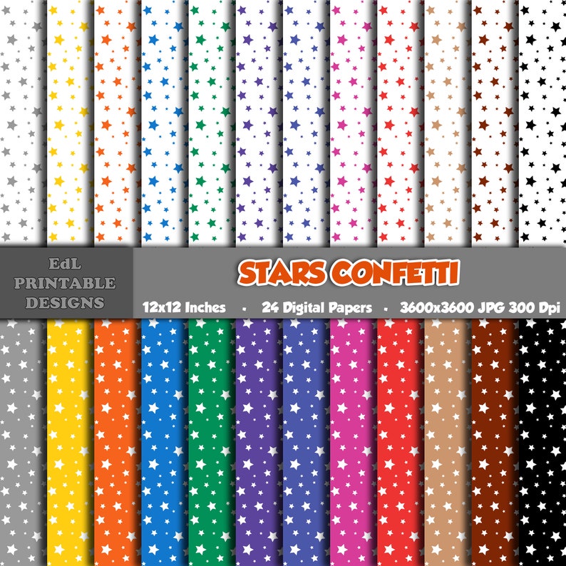 Stars Confetti Digital Paper Pack, Rainbow Colours Printable Background ...