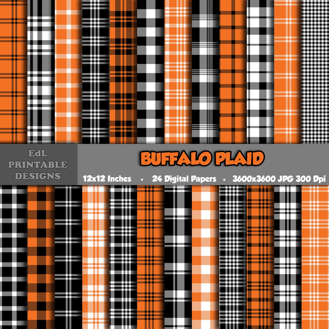 Orange, Black White Buffalo Plaid Digital Paper, Printable Tartan ...